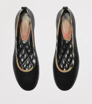 Burberry Leather Ballet Flats With Check Trim - Black