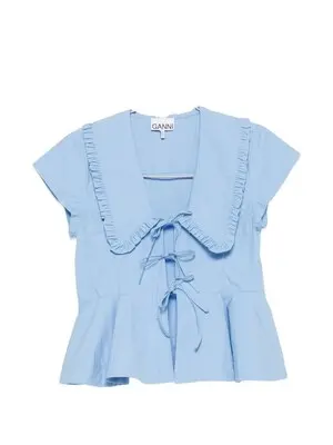 GANNI Ruffled Collar Tie Detail Cotton Shirt - Sky Blue