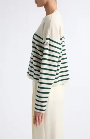 Moncler Striped Virgin Wool Sweater With Embroidered Logo - White/blue