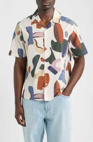 WAX LONDON Didcot Abstract Stretch Cotton Camp Shirt - Ecru/multi