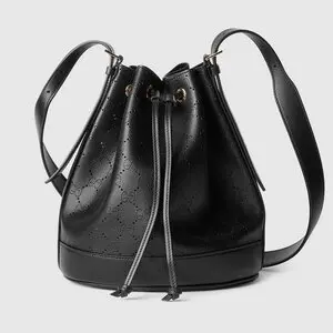Gucci Small Bucket Bag In Perforated Gg Leather - Black