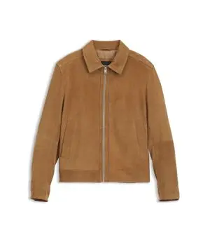 BOSS Suede Leather Zip-up Jacket With Pointed Collar - Beige