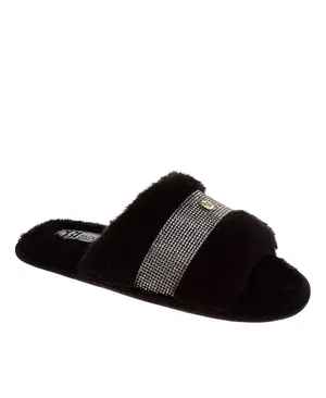 Badgley Mischka Fuzzy Rhinestone Logo Slippers - Black