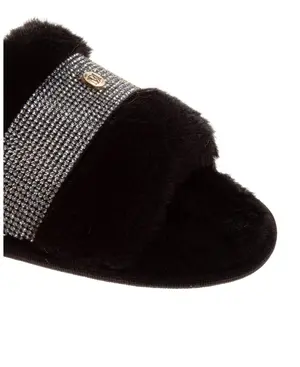 Badgley Mischka Fuzzy Rhinestone Logo Slippers - Black