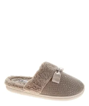 Badgley Mischka Fluffy Rhinestone Bow Detail Slippers - Beige