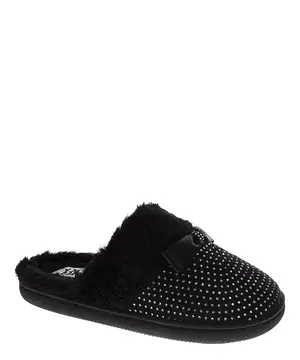 Badgley Mischka Fluffy Rhinestone Bow Detail Slippers - Black