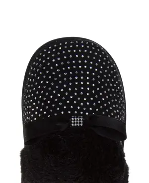 Badgley Mischka Fluffy Rhinestone Bow Detail Slippers - Black