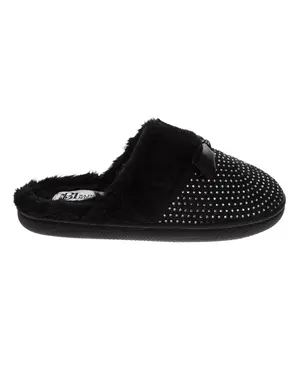 Badgley Mischka Fluffy Rhinestone Bow Detail Slippers - Black