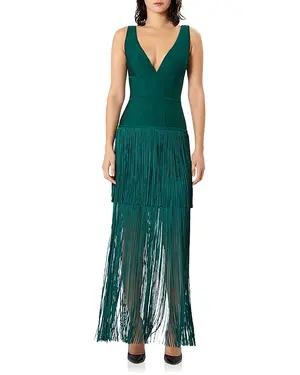 Herve Leger Tiered Fringe Gown