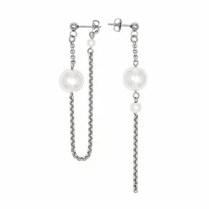 KIREI Silver / White Loop Asymmetric Pearl Chain Earrings - Silver/white