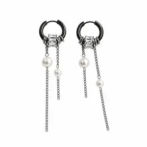 KIREI Black / Silver Vector Pearl Chain Hoop Earrings