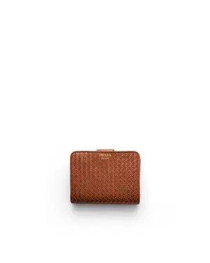 Prada Small Woven Madras Leather Wallet - Cognac