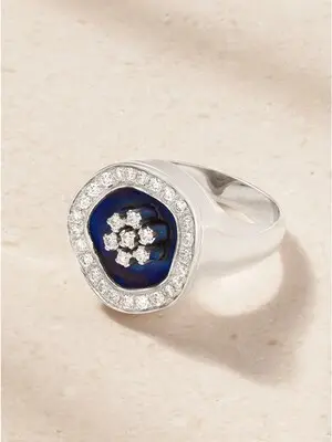 ILARIA ICARDI Flower 18-karat White Gold, Diamond And Enamel Signet Ring - Blue