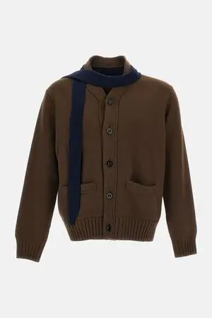 Sacai Sacai Wool-Knit Cardigan With Integrated Scarf Detail Marrone