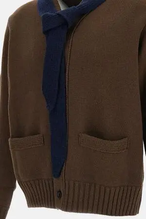 Sacai Wool-knit Cardigan With Integrated Scarf Detail - Marrone