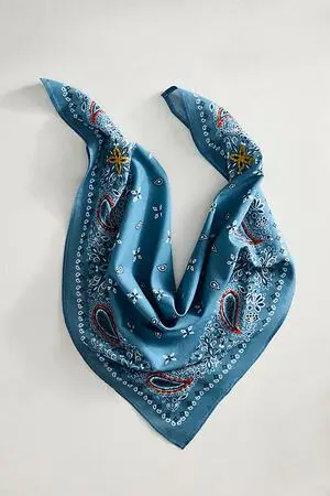 TERRAIN Embroidered Paisley Cotton Bandana - Turquoise