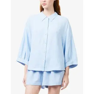Eberjey Relaxed Fit Gingham Print Linen-blend Top With 3/4 Sleeves