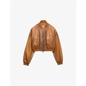 Prada Cropped Leather Bomber Jacket - Brown