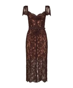 SELF-PORTRAIT Floral Lace Belted Midi Dress - No