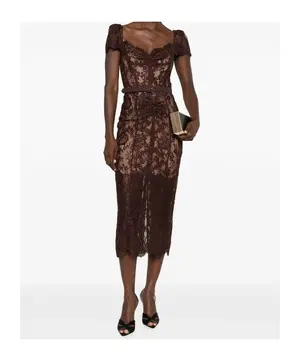SELF-PORTRAIT Floral Lace Belted Midi Dress - No