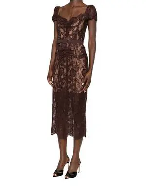 SELF-PORTRAIT Floral Lace Belted Midi Dress - No