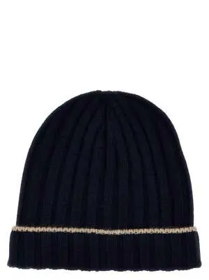 Brunello Cucinelli Ribbed Cashmere Beanie With Contrast Line - Blue
