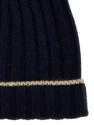 Brunello Cucinelli Ribbed Cashmere Beanie With Contrast Line - Blue