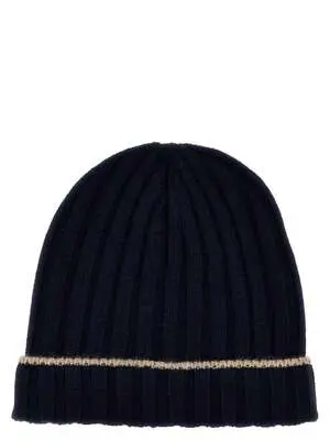 Brunello Cucinelli Ribbed Cashmere Beanie With Contrast Line - Blue