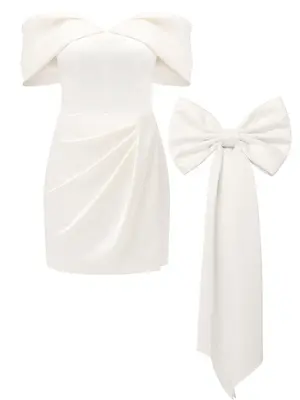 TIA DORRAINE Heavenly Kissed Satin Mini Dress With Statement Bow Belt - White