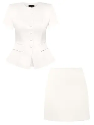 TIA DORRAINE Button Up Short Sleeves Blazer & Mini Skirt Set Pearl - White