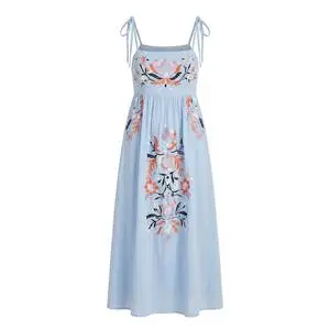 RAFFYA Furla Smocked Panel Embroidered Midi Dress - Blue