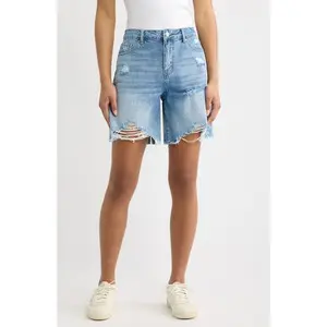 TRACTR Distressed High Waist Raw Hem Denim Shorts - Medium Indigo