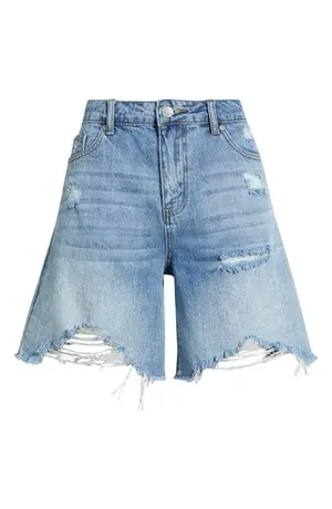 TRACTR Distressed High Waist Raw Hem Denim Shorts