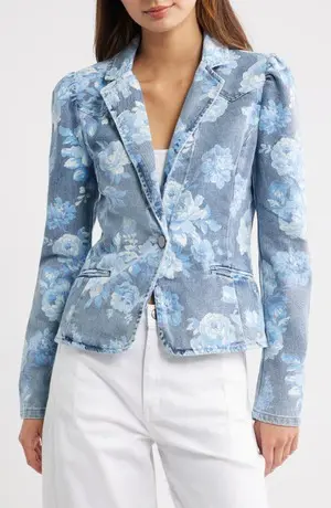 TRACTR Floral Puff Sleeve Denim Jacket