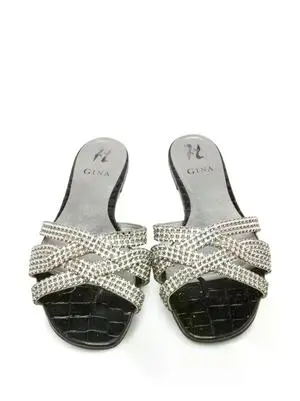 GINA Croc-embossed Crystal-embellished Flat Sandals