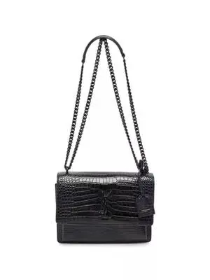 Saint Laurent Sunset Croc-embossed Shoulder Bag - Black