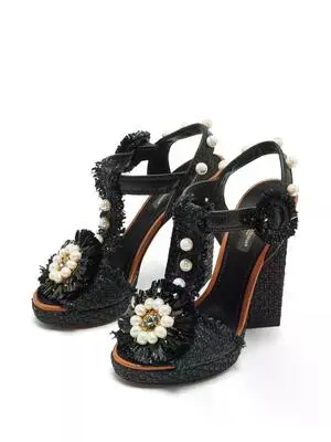 Dolce & Gabbana Raffia Faux-pearl Embellished T-strap Platform Sandals