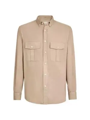 Brunello Cucinelli Garment-dyed Easy Fit Shirt In Cotton Twill With Chest Pockets And Button-down Collar - Neutrals
