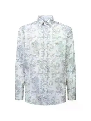 Etro Stretch Cotton Button-down Shirt With Flower And Animal-motif - White