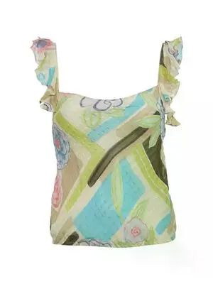 Moschino Ruffle-sleeve Printed Sheer Top