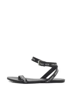 Balenciaga Logo-tape Ankle-strap Leather Flat Sandals - Black