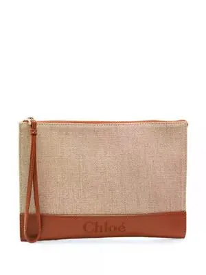 Chloé Sense Wristlet Pouch In Beige Canvas And Calf Leather - Neutrals