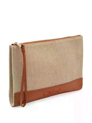 Chloé Sense Wristlet Pouch In Beige Canvas And Calf Leather