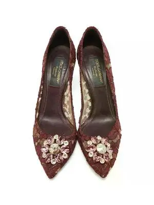 Dolce & Gabbana Burgundy Floral Lace Crystal Embellished Pointed Toe Pumps