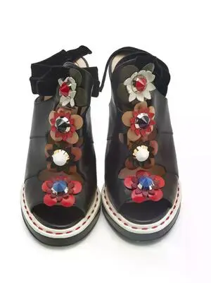 Fendi Leather Floral Appliqué Ankle Strap Sandals