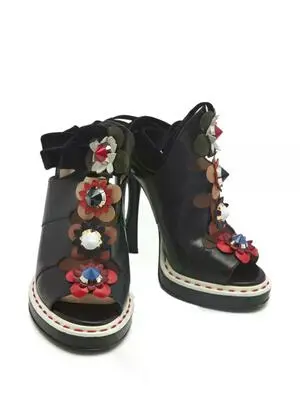 Fendi Leather Floral Appliqué Ankle Strap Sandals