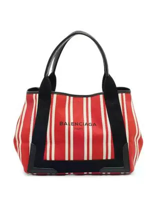 Balenciaga Small Cabas Striped Canvas Tote Bag - Red