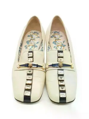 Gucci Crystal Embellished Leather Block Heel Loafer Pumps