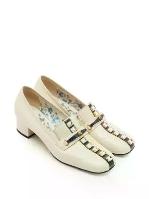 Gucci Crystal Embellished Leather Block Heel Loafer Pumps