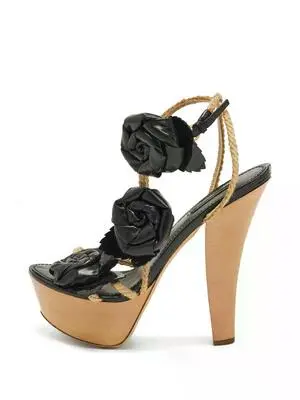 LOUIS VUITTON Floral Appliqué Rope Strap Platform Block Heel Sandals
